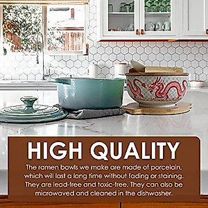 XWORLD Japanese Ceramic Ramen Noodle Bowls Set with Ceramic Spoon, Bamboo Chopsticks, Lid & Trivet, Serving Capacity of 33.8 OZ, Microwavable Oven Safety (3.3” x 6.6” D) (Red Dragon)