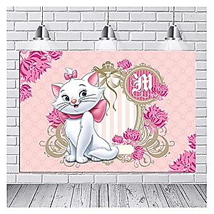 Cartoon Aristocats Marie Cat Party Theme Photography Backdrops 5x3ft Children Kids Princess Girl Birthday Party Photo Pink Flowers Backdrops Newborn Baby Shower Portrait Shoot Props