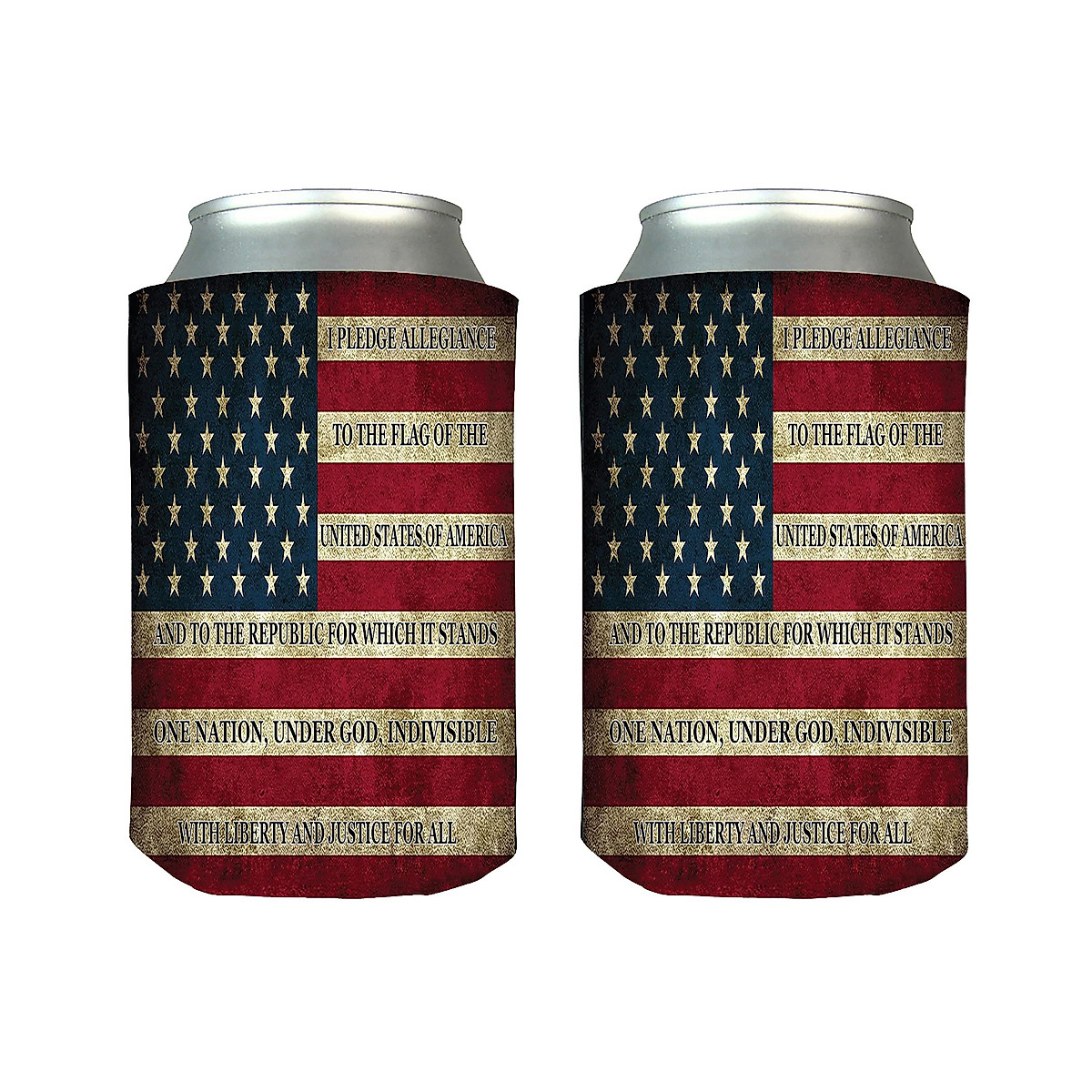 Rogue River Tactical USA Flag Pledge Of Allegiance, Rustic Flag Bundle Collapsible Beer Can Bottle Beverage Cooler Sleeves 2 Sets of 2 Packs Gift Set Combo