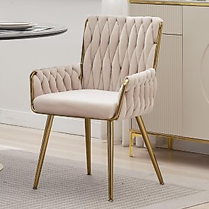 ABET Velvet Desk Chair 1PC, Modern Woven Armchair with Gold Metal Legs & Armrest, Comfy Upholstered Vanity Makeup Chair for Teen Girls & Women, Cute Office Chair for Bedroom, Living Room,Beige