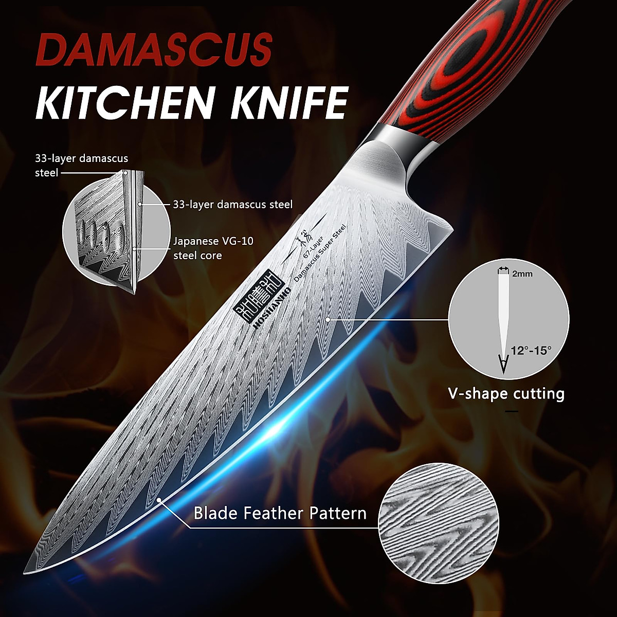 Kitchen Knife Set with Block, 7 Pieces Chef Knife Set 67 Layers Damascus Steel Professional Knife Set for Cooking, Ergonomic G10 Handles with Sharpener