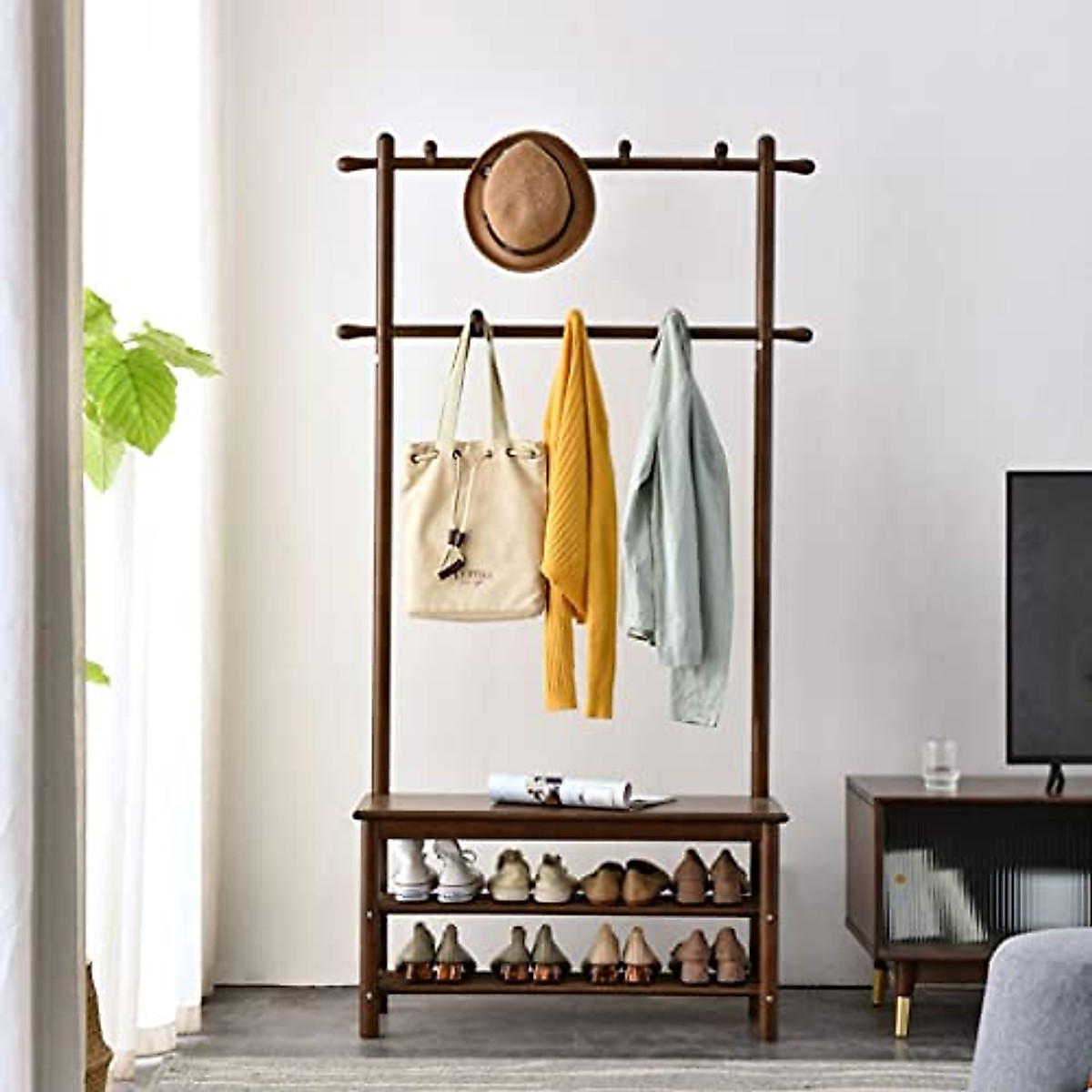 FOLREORP 3-in-1 Hall Tree Entryway Coat Rack solid wood Freestanding Coat Rack with Shoe Bench and Shoes Organizer Shelves Coat Tree Stand for Bedroom Foyer Entryway bench Hallway Living Room