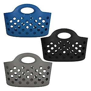 Basket with Handles 3 count Plastic Oval Carry Totes 12"x7"x7" (Black, Dark Gray, Navy Blue)