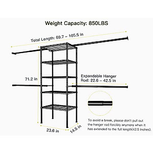 Ulif M2 Closet Organizer System, 5.9 Feet Height Mounted to the Wall Garment Rack with 4 Expandable Hanger Rods, 5 Shelves in 23.6" L x 14.5" W, Suit Total Space from 5.8-8.8 ft, Black