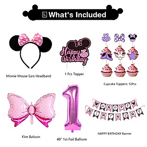 HIPEEWO Minnie 1st Birthday Party Supplies - Minnie Theme Mouse Birthday Decorations Include Banner, Balloons Arch, Backdrop, Tablecloth, Headband, Welcome Door Sign, Minnie First Birthday Party Decor