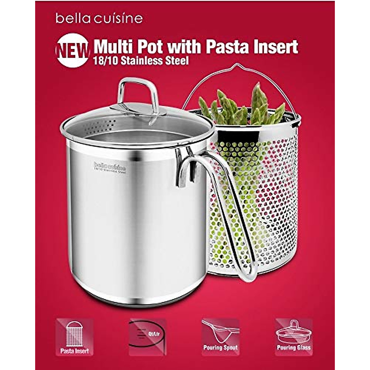 Bella Cuisine NEW Multi-Pot with Pasta Insert 18/10 Stainless Steel Pasta Cooker Steamer Multipots, Pouring Spout, Pouring Glass, 7 inches