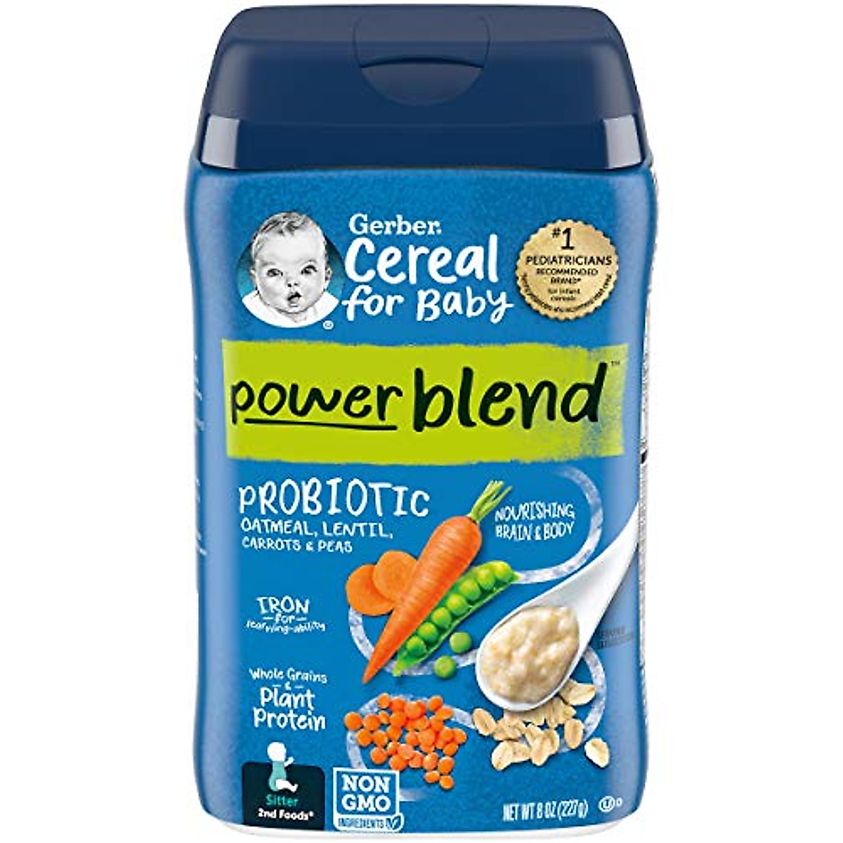 Gerber 2nd Foods Power Blend Cereal For Baby, Probiotic, Oatmeal, Lentil, Carrots & Peas, With Whole Grains & Plant Protein, 8 OZ Canister (Pack of 3)