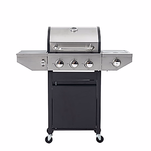 Propane Grill with Side Burner and Temperature Gauge - Stainless Steel Gas Grill with 3 Heads and 430 Thickness - Outdoor Cooking Grill with Electronic Ignition System and Cast Iron Cooking Grids