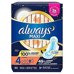 Always Maxi Pads Size 4 Overnight Absorbency Unscented with Wings, 33 Count