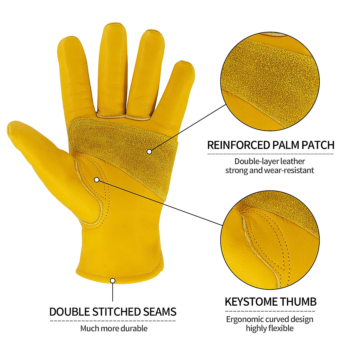 KKOYING Leather Work Gloves for Men & Women, Gardening Gloves, Reinforced Durable Cowhide Work Gloves, Puncture & Cut Resistant (Medium)