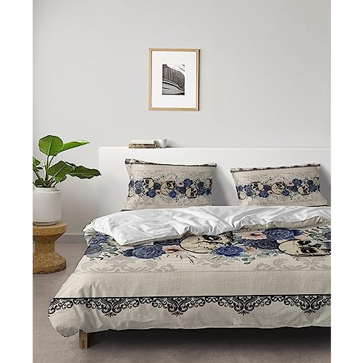 Blue Black Rose Skull Halloween Duvet Cover Sets 4 Piece Twin Ultra Soft Bed Quilt Cover Set for Kids/Teens/Women/Men,Retro Floral Vintage Linen Bedding Collection All Season Use