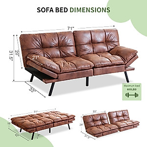 MUUEGM Futon Sofa Bed, Convertible Memory Foam Sleeper Couch,Modern Faux Leather Folding Love seat for Living Room,Small Space,Apartment,Office,Dorm,Adjustable Backrests Armrests 71" Sofa Bed, Brown