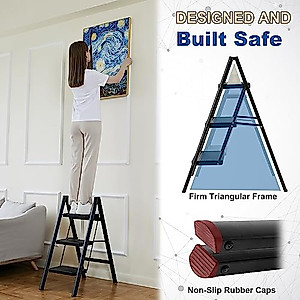 Double Elite Step Ladder 3 Step Folding, Sturdy 330 Lbs Small Step Stool for Adults, Safer Full Steel Multi-use Kitchen Ladder for Home, Closet Step Stool Ladder with Anti-Slip Wide Pedals, Black
