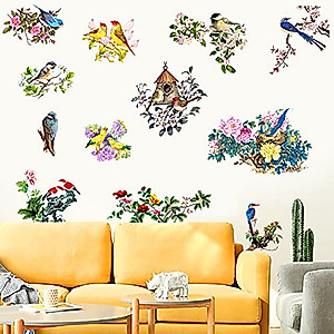 Birds on Tree Branches Wall Decals,Cardinal Birds Flowers Wall Stickers Spring Summer Robinbird Decor for Home Kitchen Office Kids DIY Supply