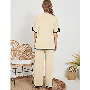 Faleave Womens Knit 2 Piece Sweater Sets Short Sleeve Pullover Tops Elastic Waist Wide Leg Pants Lounge Set(Apricot-M)