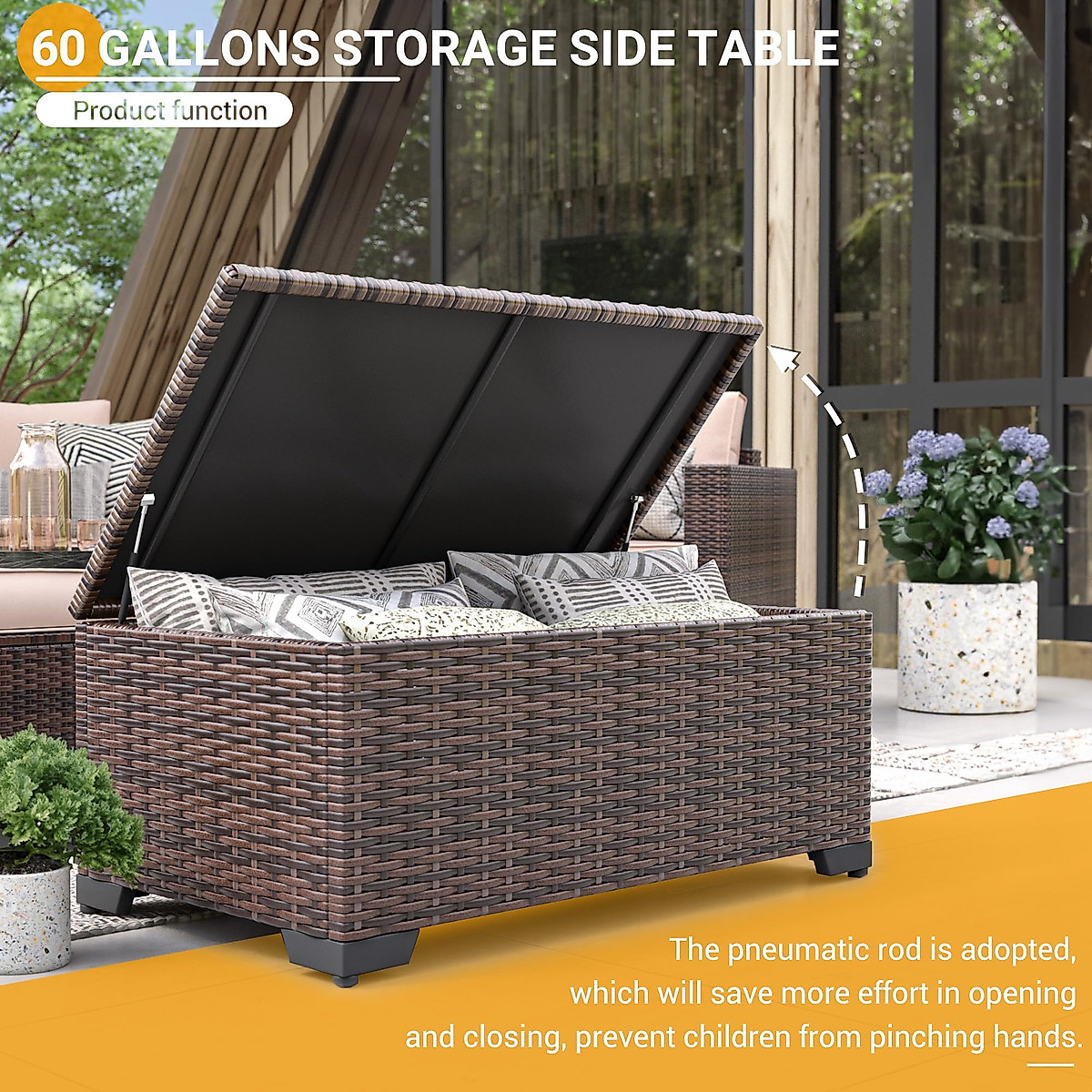 UDPATIO 6 Piece Patio Furniture 7 Seats Wicker Outdoor Sectional, Thick Cushions Patio Couch Chair with Ottoman & Storage Table for Porch, Balcony