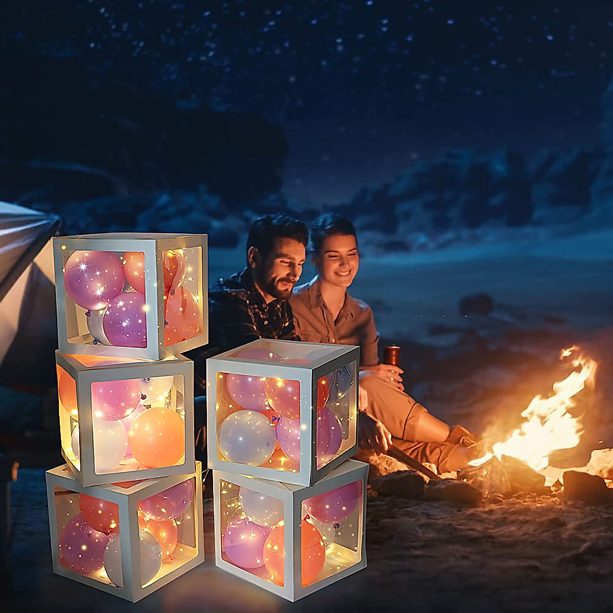 5PCS Balloon Boxes Transparent Balloon Boxes with 5 LED Light Strings, Clear Balloon Boxes with 48 Candy Colors Balloons for Decor Shoot Prop, Weddings Engagement Parties Bridal Shower Birthday Decor