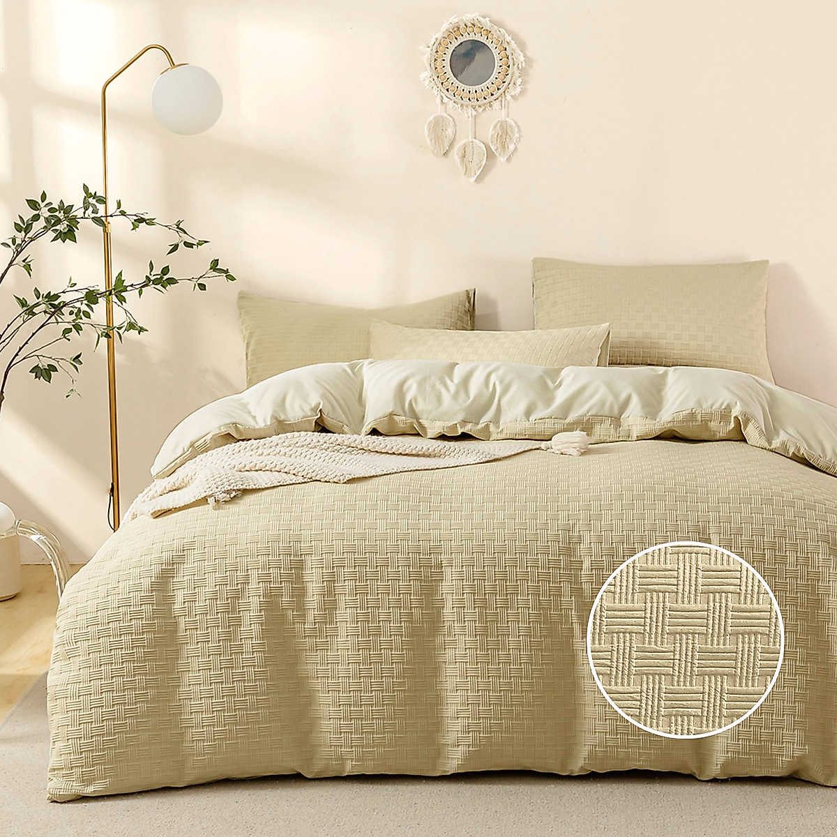 JELLYMONI Beigish Green Duvet Cover Full Size - 3 Pieces Soft and Breathable Microfiber Knitted Jacquard Waffle Weave Striped Comforter Cover with 8 Corner Ties & Zipper Closure