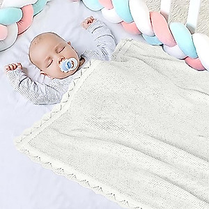 TRENDSTITCH 100% Cotton Baby Blanket Knit Lace Soft Warm Toddler Blanket,30 x 40 Inches，White