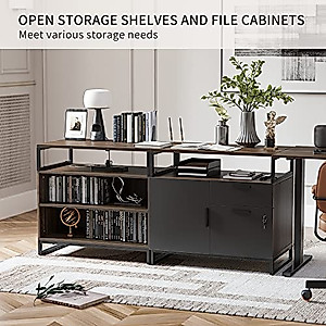 FEZIBO 66 Inch Executive L Shaped Standing Desk with 2-Drawer File Cabinet, Electric Height Adjustable Stand up Desk, Home Office Modern Wood Computer Desk with Shelves, Black Frame/Dark Walnut Top