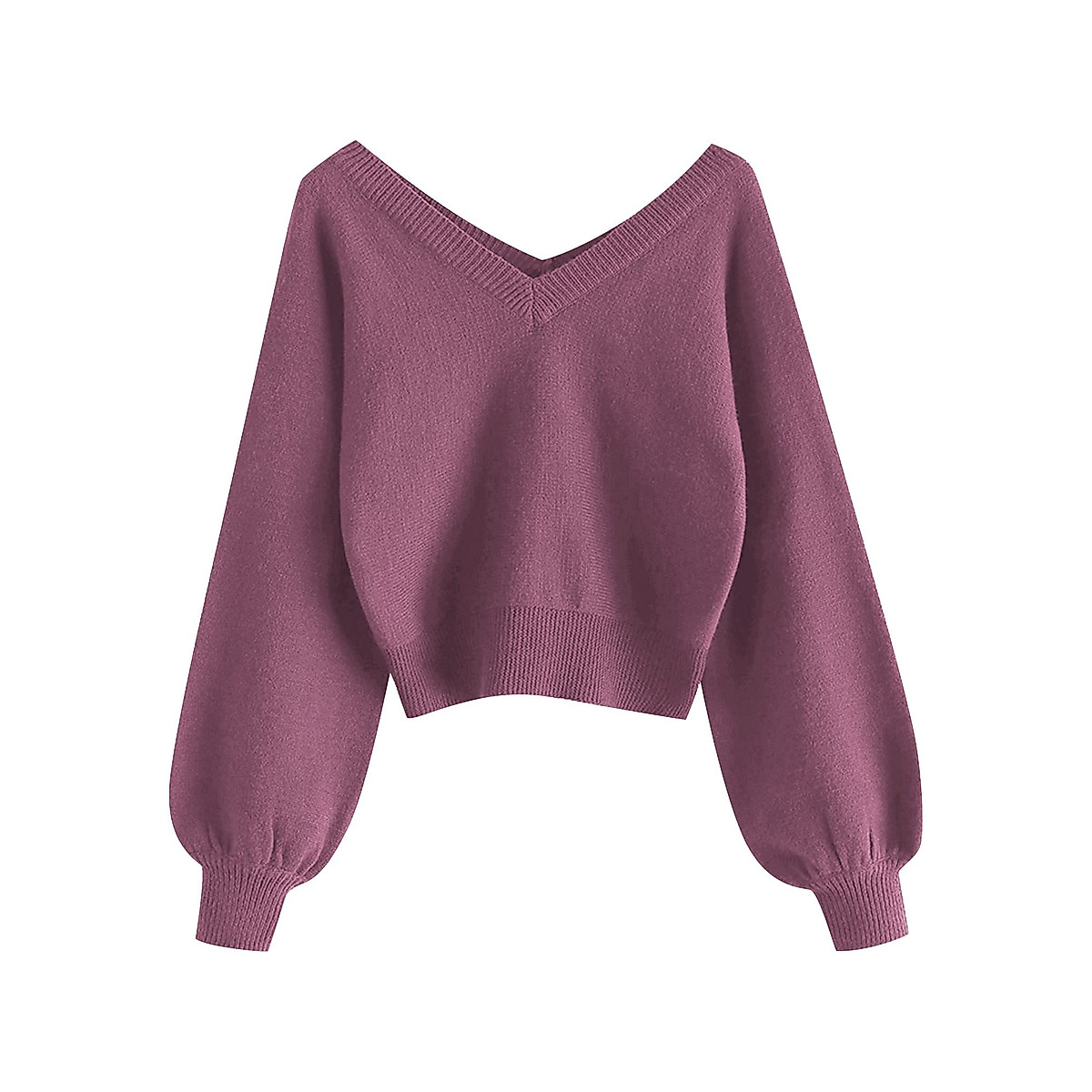 ZAFUL Women's Cropped Sweater V-Neck Long Sleeve Crop Sweater Pullover Jumper Knit Top (1-Red Violet, S)