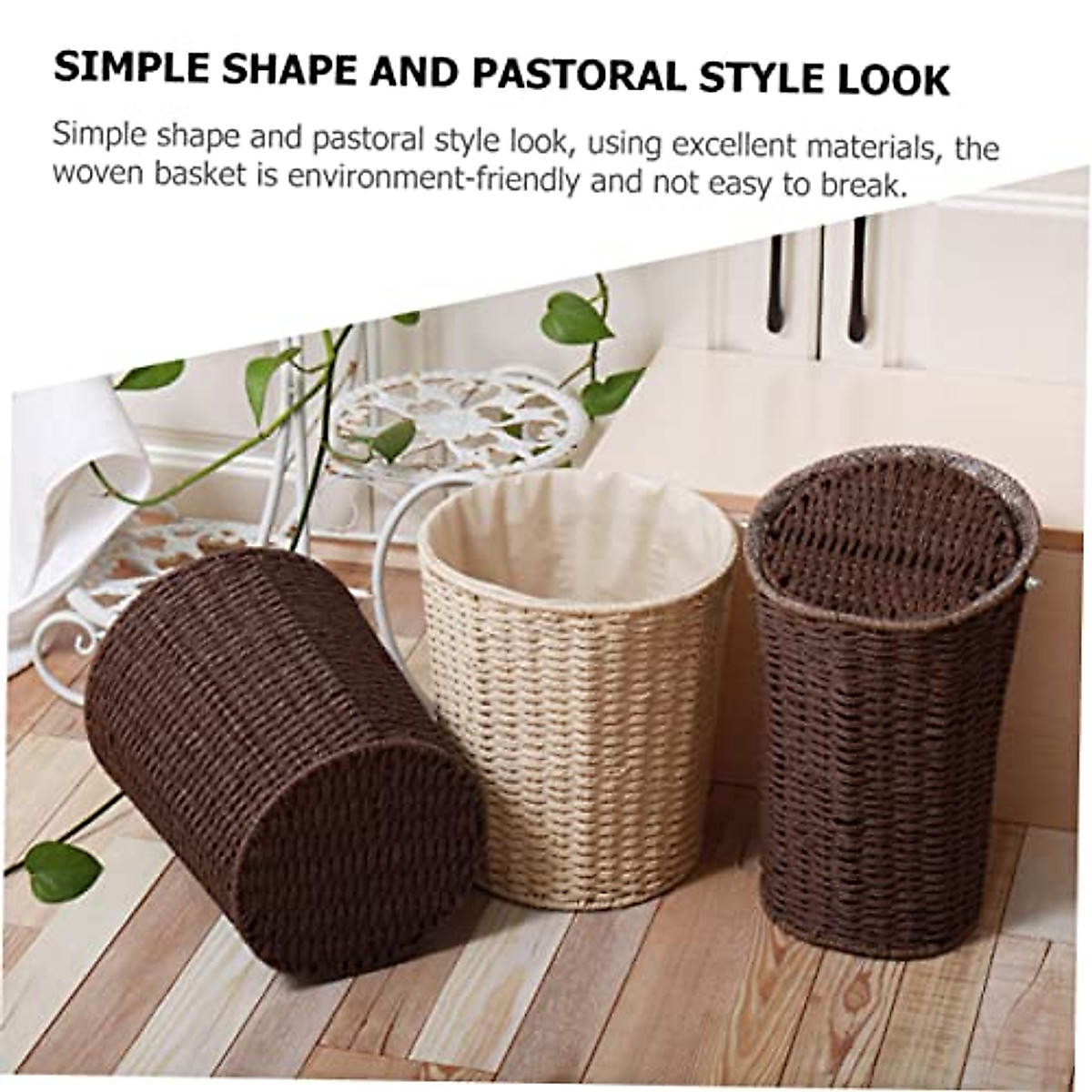 TINEASUR Woven Storage Basket Trash Bin with Lid Round Vases for Centerpieces Straw Basket Bin Storage Weaving Basket Decorative Woven Basket Living Room Storage Basket Coffee Paper Rope