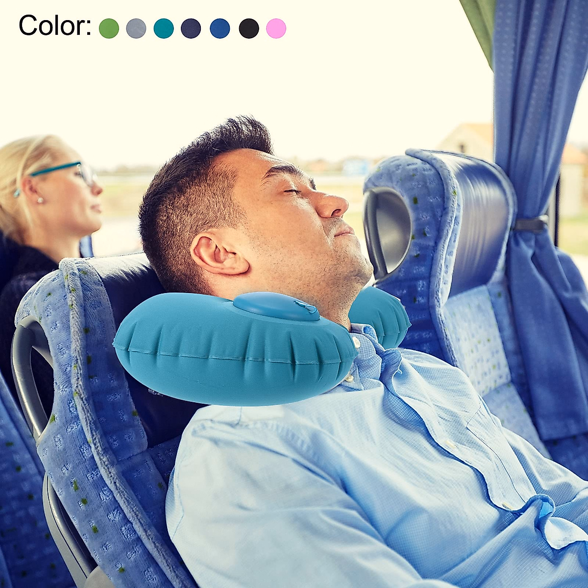 PATIKIL Travel Pillow, Inflatable Plane Sleeping Pillow Head Neck Support Pillows for Travel Airplane Office, Green