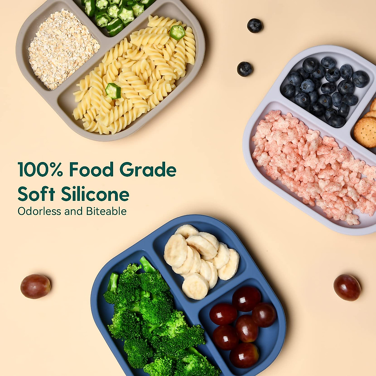 BABELIO Powerful Suction Plates for Baby and Toddler, 100% Food Grand Silicone Divided Baby Plates, BPA Free, Microwave & Dishwasher Safe, Stay Put with 4 Suction Cups, 3 Pack