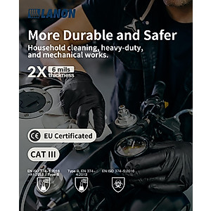 LANON 6-mil Black Nitrile Disposable Gloves, Food-Safe, Powder-Free, Heavy-Duty, Textured Fingertips, Latex-Free, XL