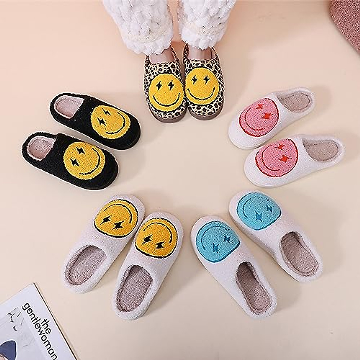 vkxqtep Lightning Bolt Smile Happy Face Slippers for Women Men Retro Soft Plush Comfy Warm Fuzzy Slippers Cozy House Slippers