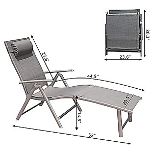 GOLDSUN Aluminum Outdoor Folding Adjustable Chaise Lounge Chair Set of 2 with Headrest and Tray for Patio Beach Porch Swimming Poolside, Set of Two, Grey