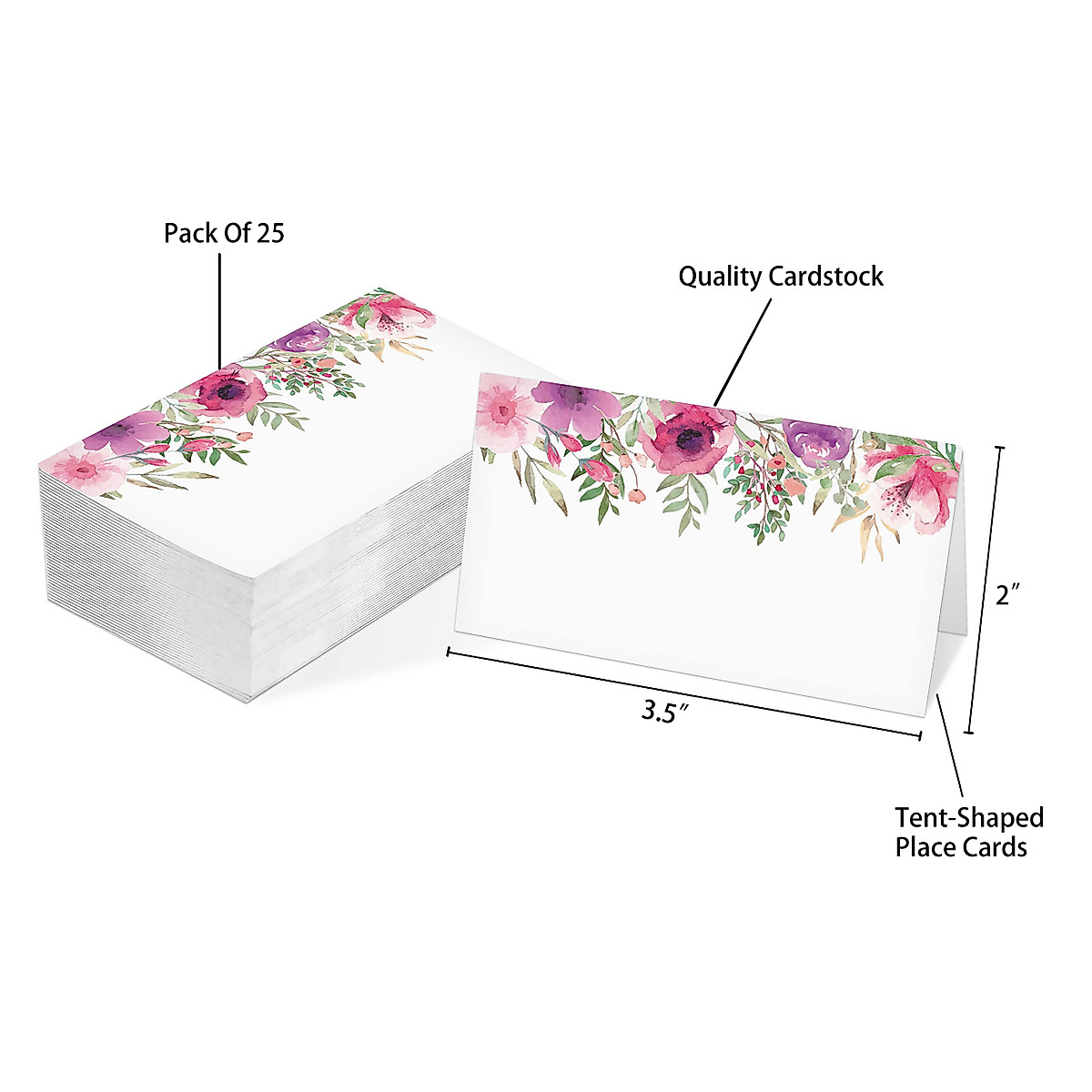 Table Place Card, Watercolor Floral Themed Tent Style Cards, Pack of 25 Half-Fold Reception Place Card, Perfect for Wedding, Bridal & Baby Shower, Party, Birthday, Banquet and Special Events A38