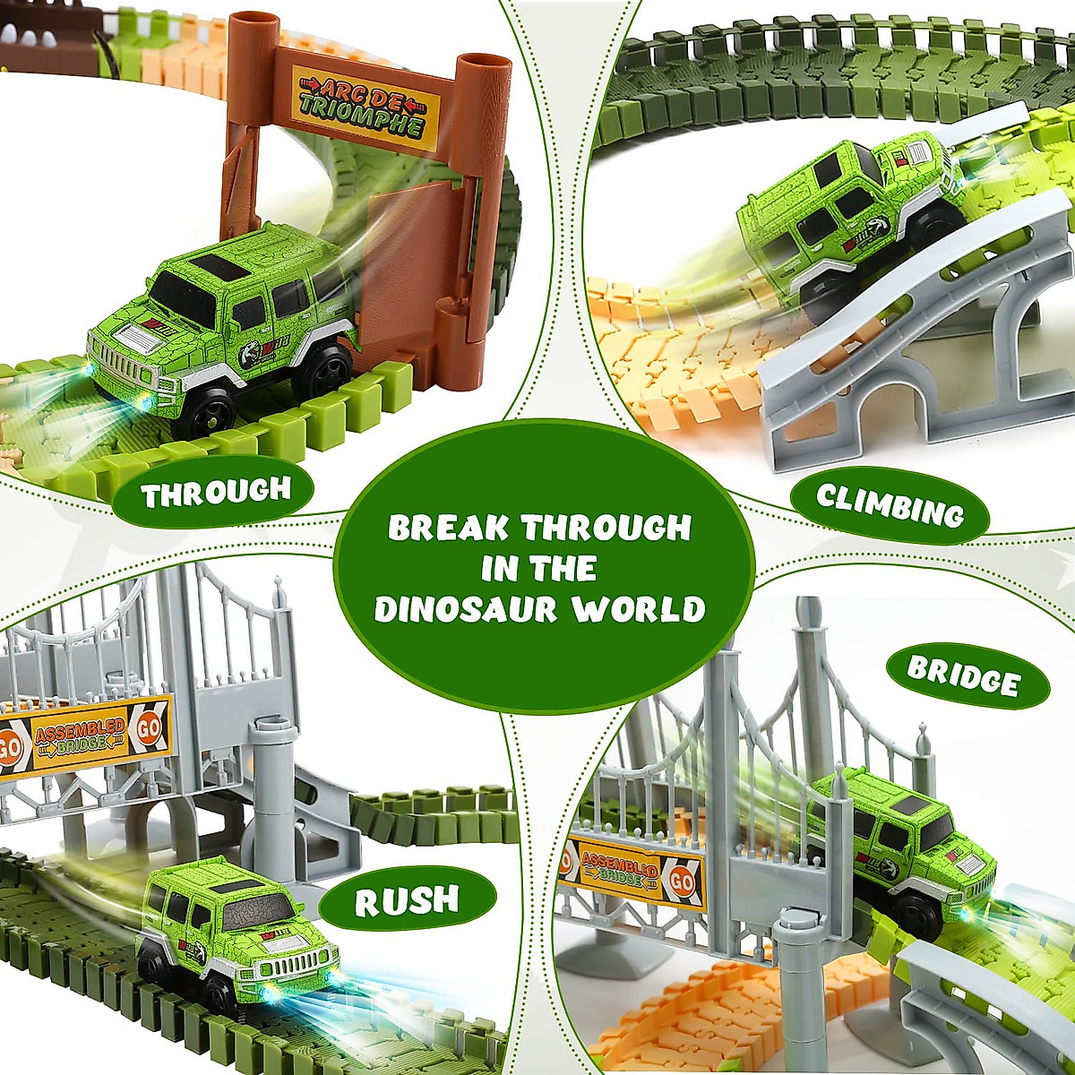 EagleStone 194 Pcs Dinosaur Race Car Tracks Set for Kids,Flexible Train Tracks to Create A Dino World Road with Bridge,2 Electric Cars with LED Light,Best Gift for Toddlers Boys and Girls