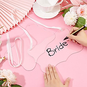 AHANDMAKER 2 Pc Clear Acrylic Hanging Sign, DIY Blank Names Custom Card Labels for Elegant Wedding Chair Signs with White Satin Ribbon for Wedding Dinner Parties, Food Signs, Banquet Events