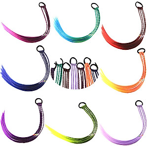 HUJIANWEN Colored Braids Hair Extensions with Rubber Bands Rainbow Braided Synthetic Hairpieces Ponytail Hair Accessories for Women Kids Girls Party Highlights Cosplay Dress Up