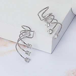 Triple Spiral CZ Curved Crawlers Wire Cubic Zirconia Cartilage Ear Cuff Pin Earring For Women Teen .925 Sterling Silver