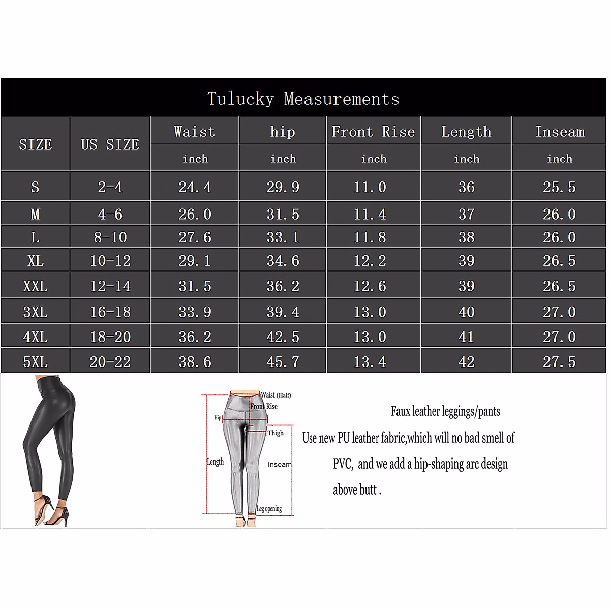 Tulucky Stretchy High Waisted Tights Faux Leather Leggings Pants for Women Regular - Plus Size(Black,S)