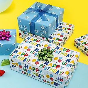 CAMKUZON Reversible Birthday Wrapping Paper Roll for Boys Girls Kids Men Women - Colorful Happy Birthday Lettering Balloon and Stars - Gift Wrap Paper for Birthday Party Holiday, 17.7 Inch X 33 Feet