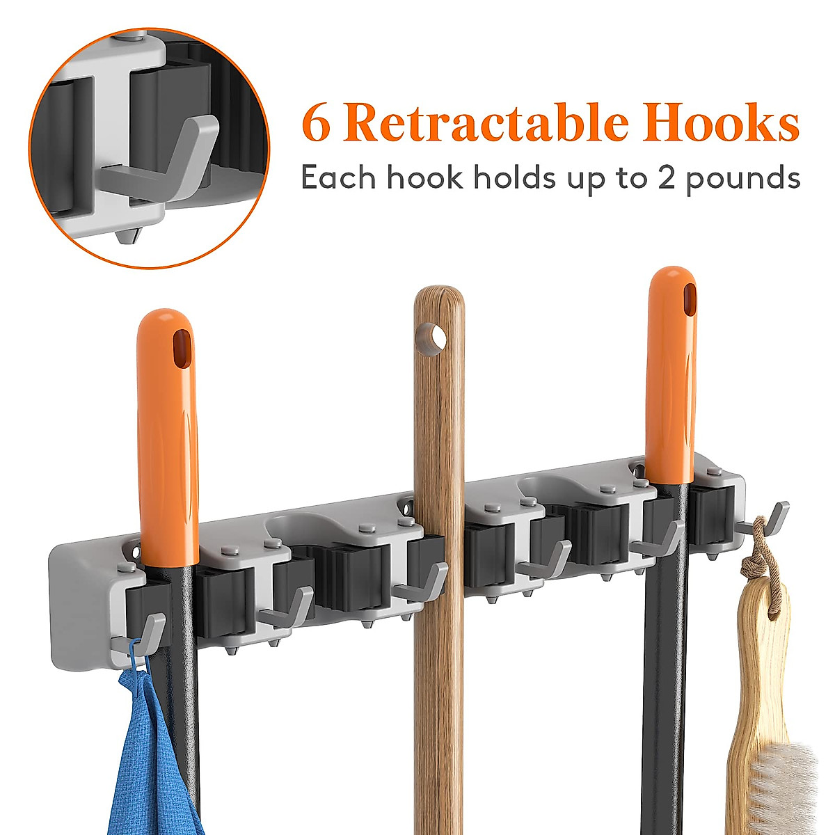 Lifewit Mop and Broom Holder Wall Mount, Anti-Slip Broom Hanger for Kitchen Organization, Heavy Duty Cleaning Supplies Organizer, Easy Install Tool Organizer for Closet, Garage, 5 Slot 6 Hooks, Grey