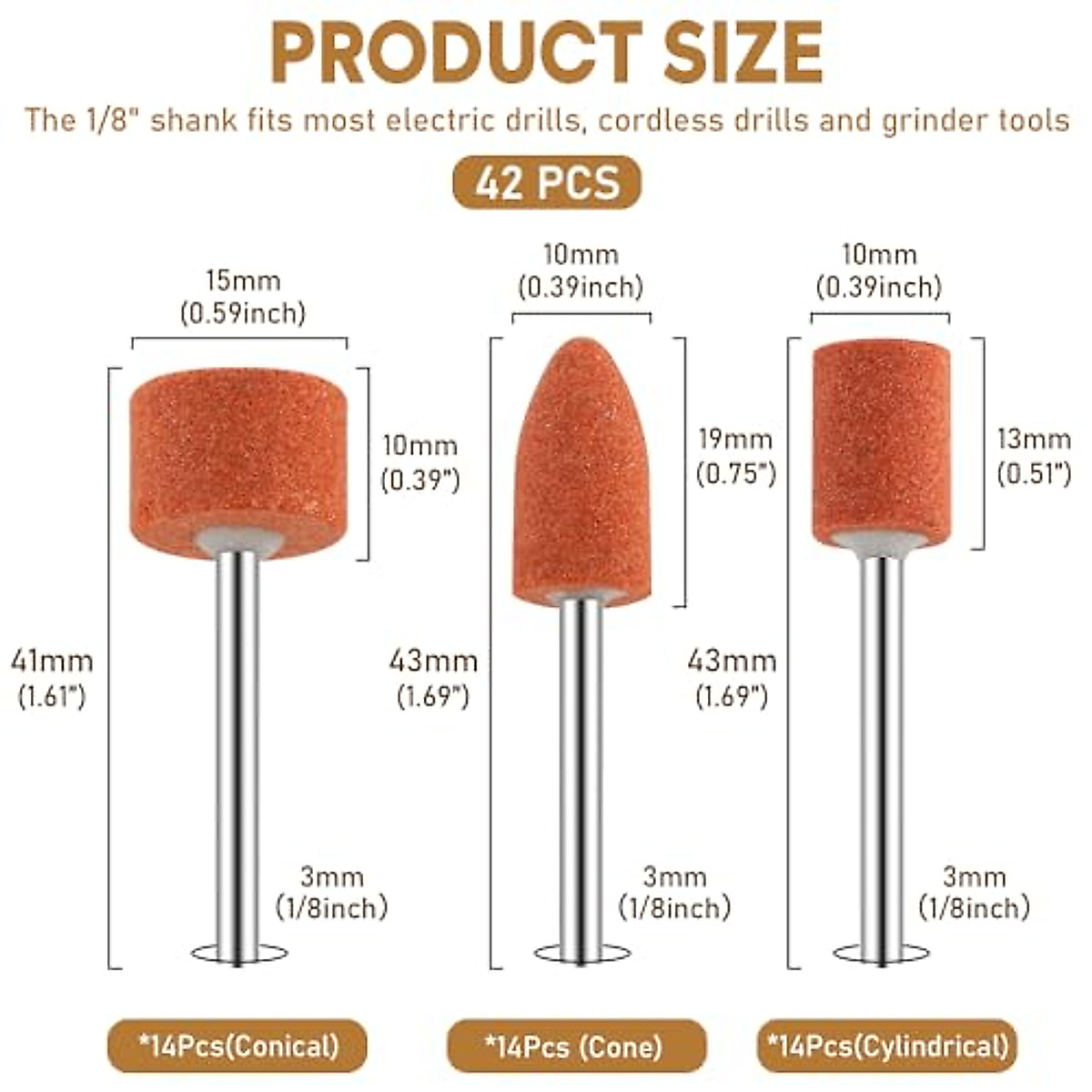 Abrasive Grinding Stone Set, 42 Pcs Sanding Bits Aluminium Oxide Grinding with 1/8" Shank Compatible with Dreme Rotary Tool for Metal Rust Removal, Smoothing, Deburring