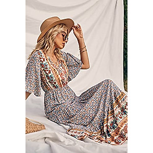 PRETTYGARDEN Women's Casual Summer Boho Floral Print Dress V Neck Short Sleeve High Waist Long Maxi Beach Dresses (White Floral,Medium)