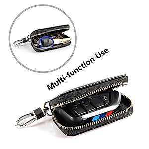 Amiss Universal Car Key Case, Key Fob Protector, Key Fob Cover Case, Genuine Leather Car Smart Key Chain Keychain Holder Metal Hook and Keyring Zipper Bag for Remote Key Fob - Black