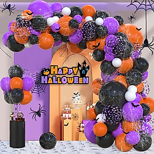 Halloween Balloons Garland Arch Kit,130PCS Halloween Party Balloons with Spider Web,Bats Stickers,Purple Orange and Black Balloons for Halloween Party Decorations Halloween Birthday Baby Shower