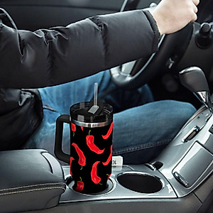 Yasala Car Tumbler with Handle Cute Chilli Red Black Funny Travel Mug Coffee Cup Insulated Beverage Container Mega Cup for Hot Cold Drinking Thermos Water Bottle Cupholder Friendly 40 oz