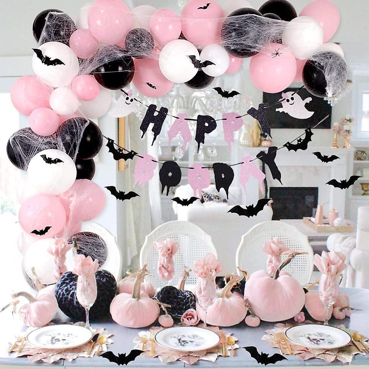 Pink Halloween Party Decorations with Happy Boo Day Banner, Spider Web, Bat Wall Decor, Pink and Black Balloons for Halloween Birthday Party Decorations, Halloween Baby Shower