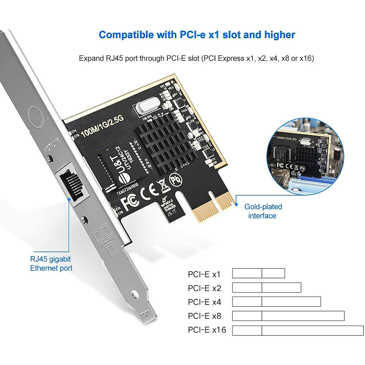 2.5GBase-T PCIe Network Adapter with 1 Port, 2500/1000/100Mbps PCI Express Gigabit Ethernet Card RJ45 LAN Controller Support Windows Server/Windows/Linux, Standard and Low-Profile Brackets Included