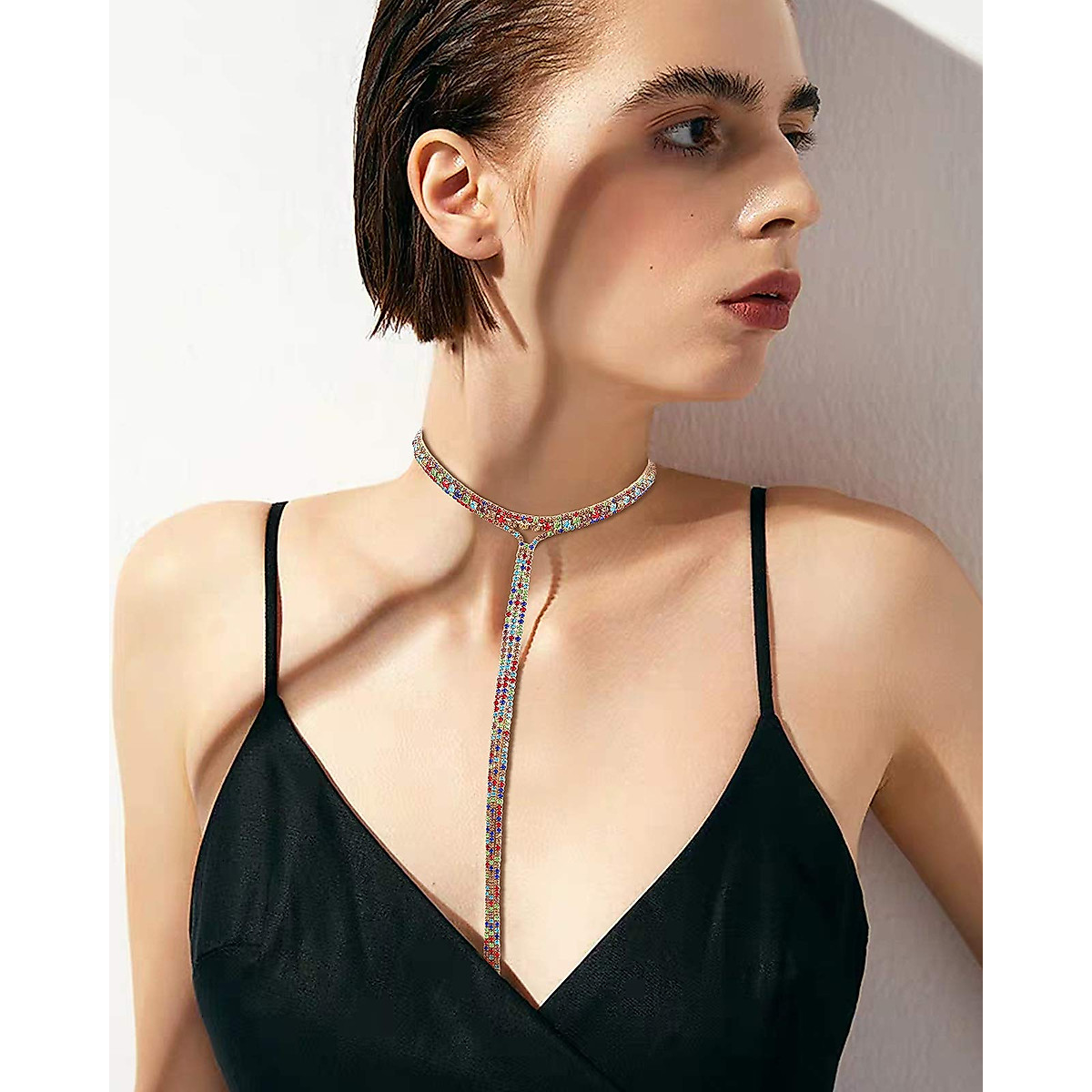 JERTOCLE 3 Row Rhinestone Choker Necklace Crystal Tassel Wide Collar Necklaces Gothic Diamond Charms for Women (rainbow color)