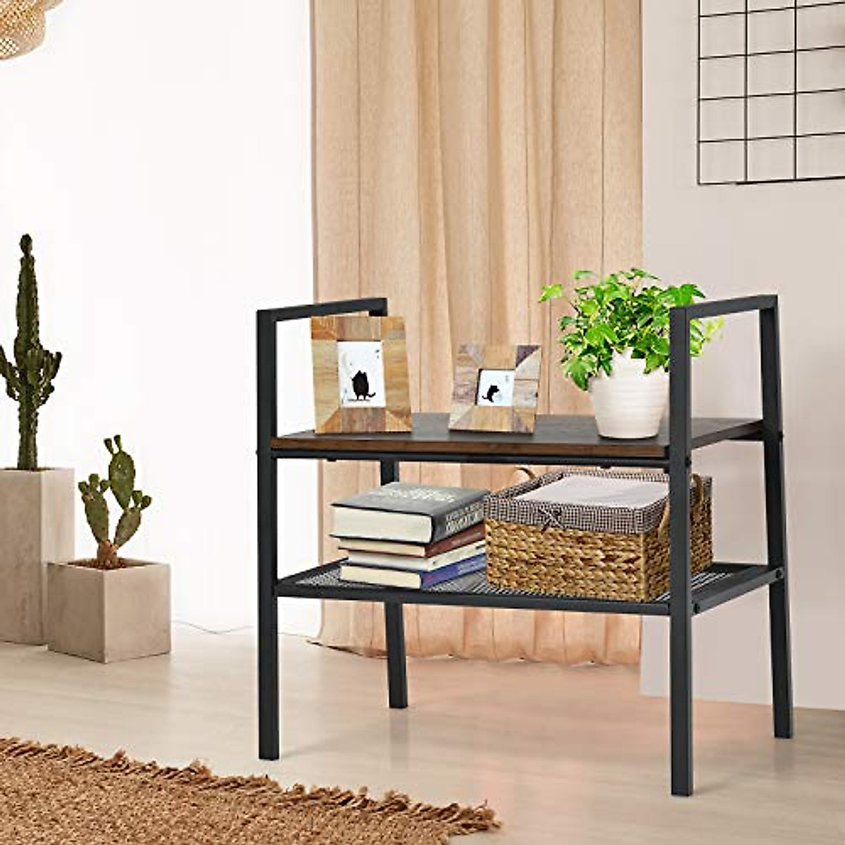 Giantex 2-Tier Storage Shelf Bookcase Stackable Ladder Rack W/ Metal Frame and Mesh Shelf Compact Kitchen Shelf for Living Room, Bedroom, Entryway Kitchen Industrial Style Shoe Rack(1)