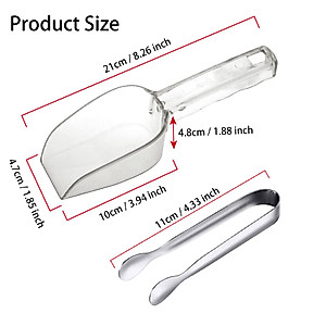 Cszlove 5Pcs Ice Tongs and 5Pcs Plastic Measuring Scoops, Serving Tongs Food Scoops Set for Sweet Candy Coffee Ice Bucket Bar Kitchen Wedding Birthday Party, Silver, Clear, 4.3'', 8.2''