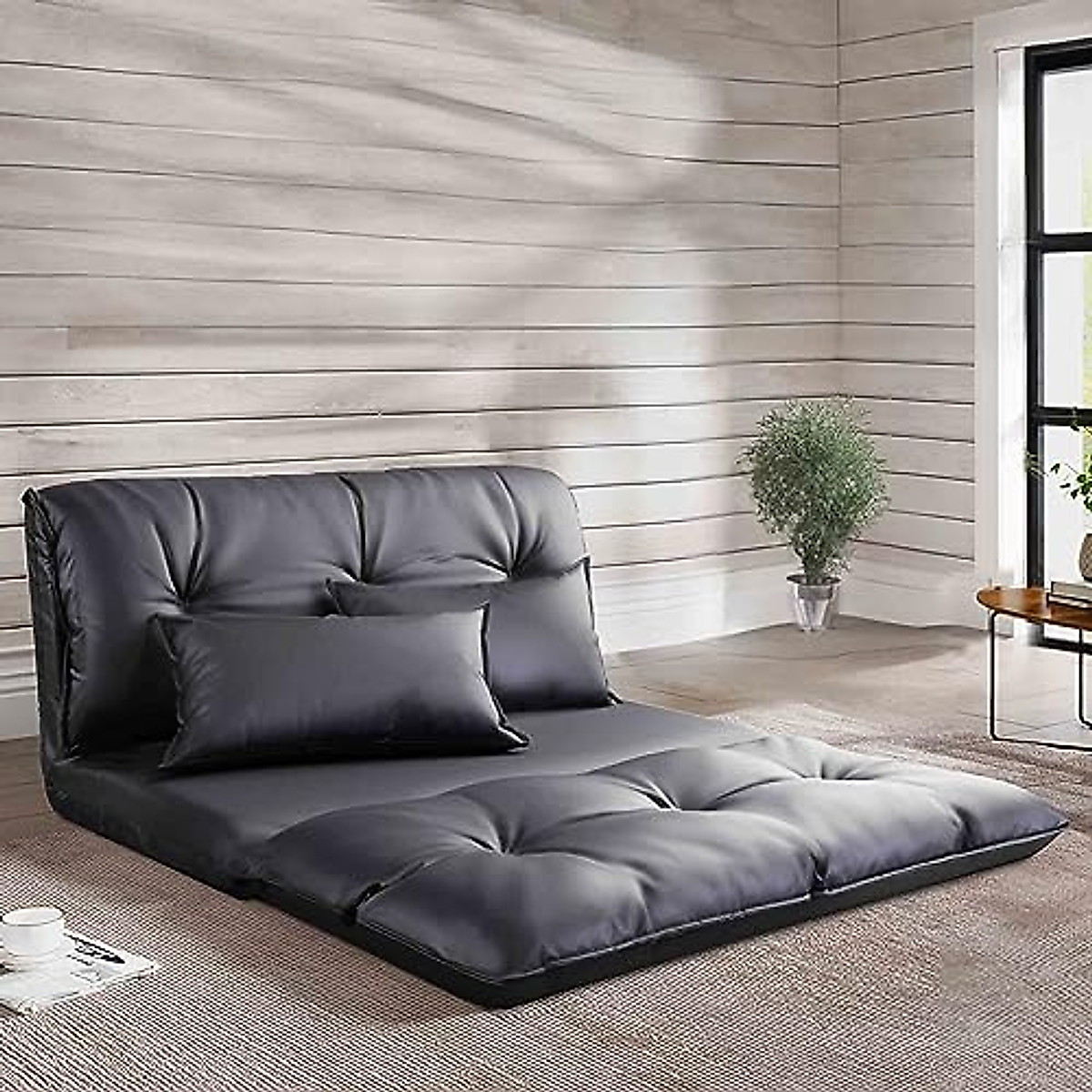 Mdhitsox Floor Sofa Bed with 2 Pillows, Adjustable Lazy Sofa, Folding Futon Couch, Video Gaming Sofa for Bedroom/Living Room/Balcony, Lounge Couch Bed, 5 Reclining Position (Black)